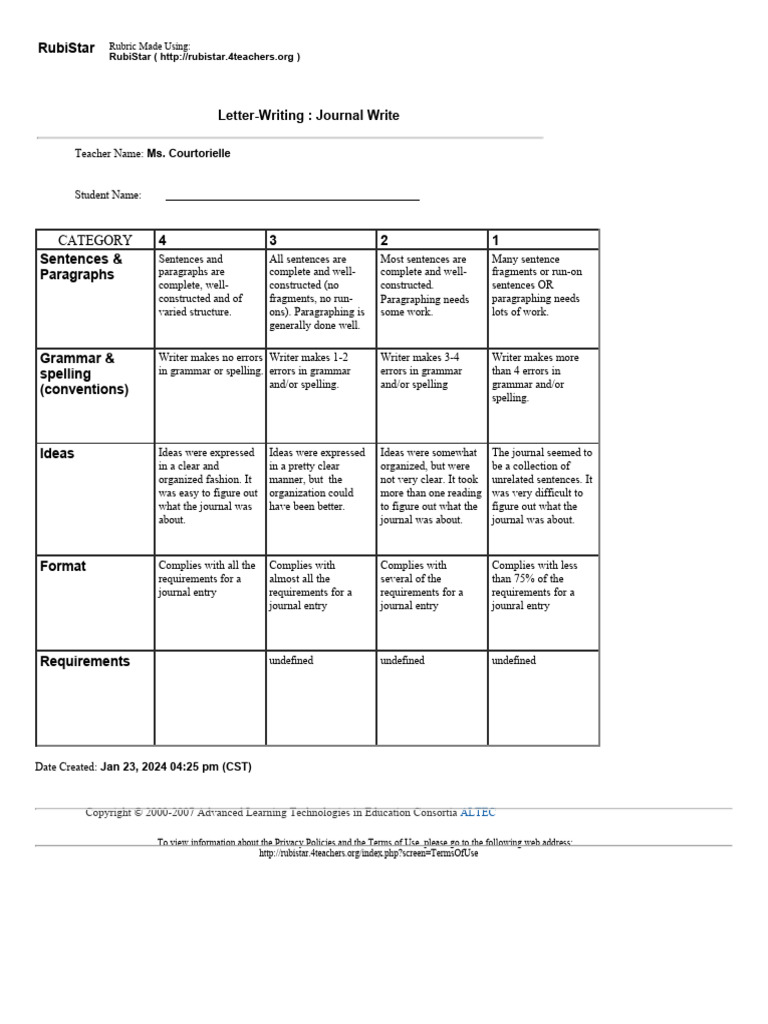 Your Rubric - Letter-Writing - Journal Write | PDF | Human ...