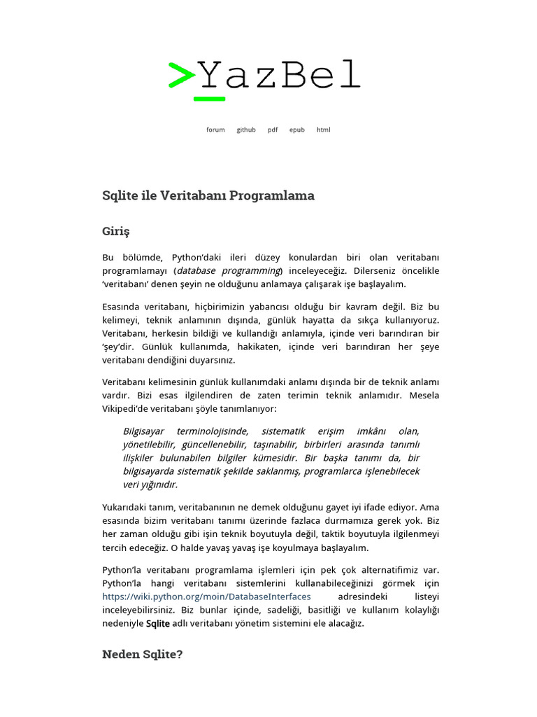 Sqlite Ile Veritabanı Programlama - Yazbel Python Belgeleri | PDF