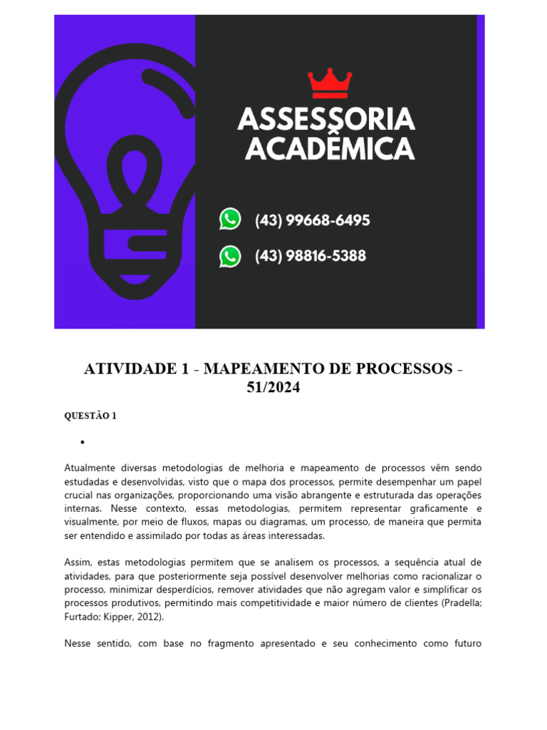 6495 Assessoria Atividade 1 - Mapeamento de Processos - 51 2024 | PDF