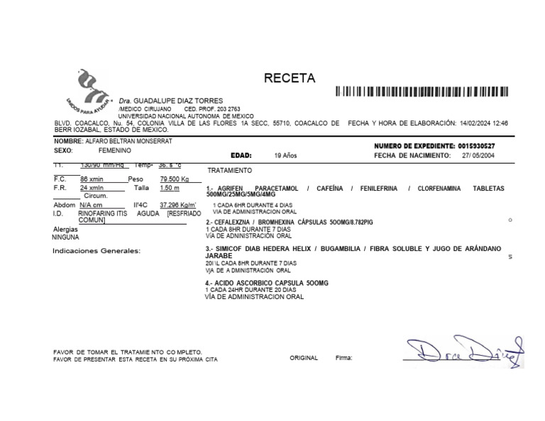 Receta Médica para Tratamiento de Resfriado | PDF