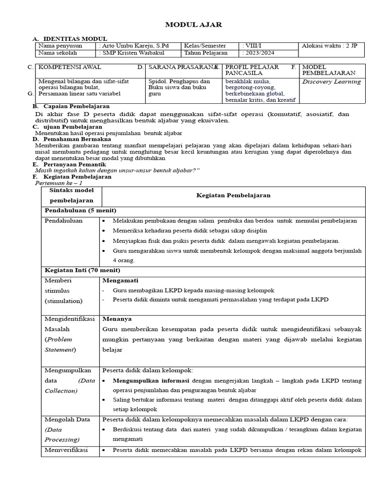 MODUL AJAR Bentuk Aljabar | PDF