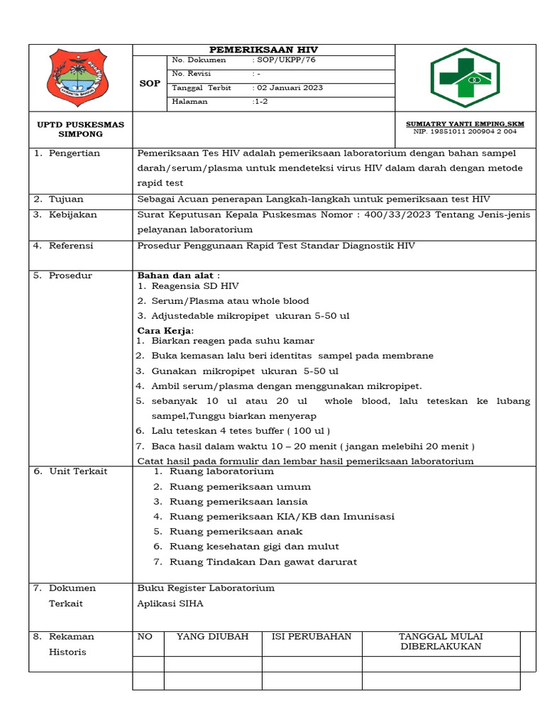 Sop Pemeriksaan Hiv | PDF | Pengembangan Diri | Sains & Matematika