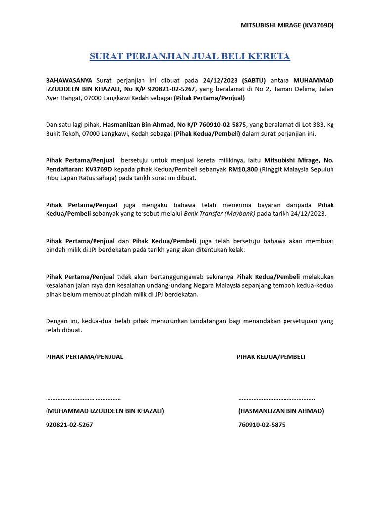Contoh Surat Perjanjian Jual Beli Kereta | PDF