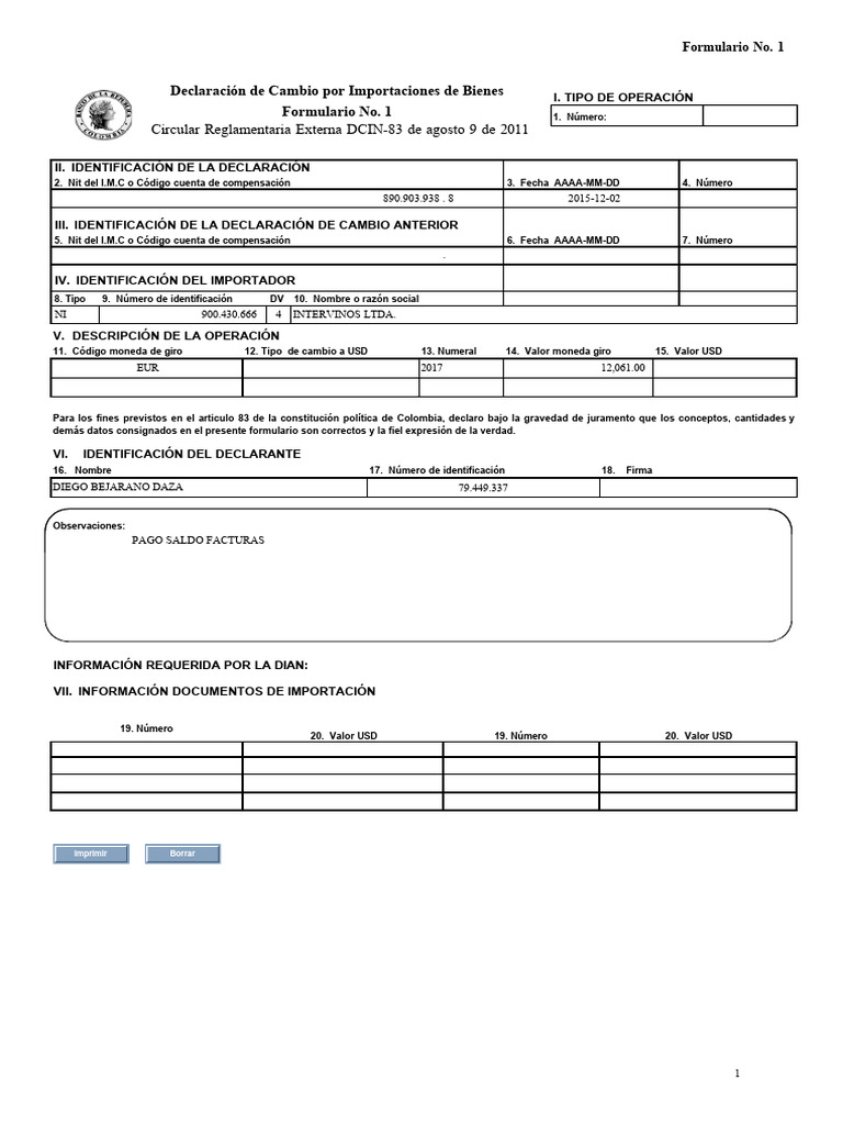 Formulario 1: Declaración de Cambio Importaciones | PDF