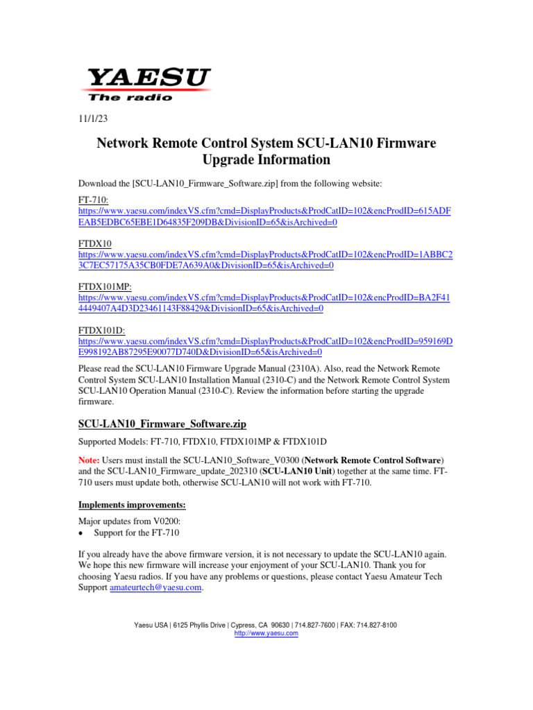 Network Remote Control System SCU-LAN10 - Firmware - Software Update Information | PDF