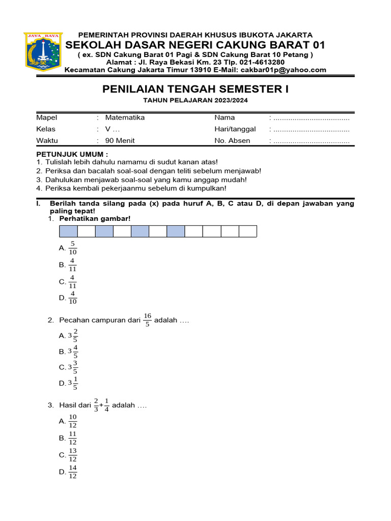 Soal PTS I - Kelas 5 - Matematika - Tapel 2023-2024 | PDF | Metode & Bahan Ajar