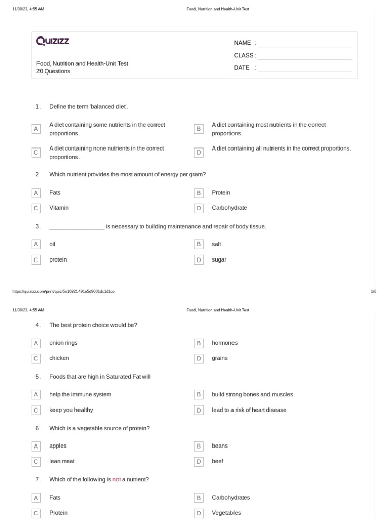 Food, Nutrition and Health-Unit Test | PDF