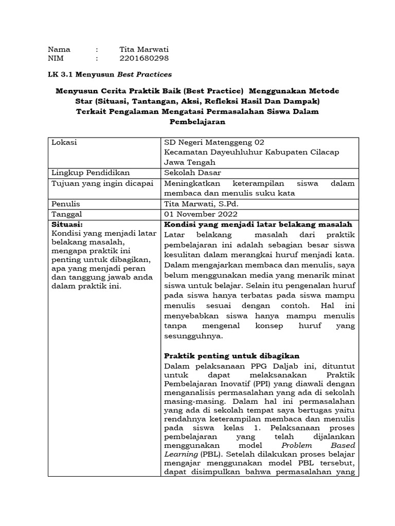 LK 3.1 Menyusun Best Practices 2 - Tita Marwati | PDF
