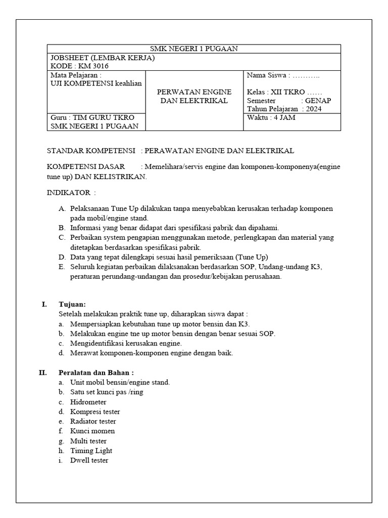 Jobsheet Uji Kompetensi Perawatan Engine | PDF | Teknologi & Rekayasa
