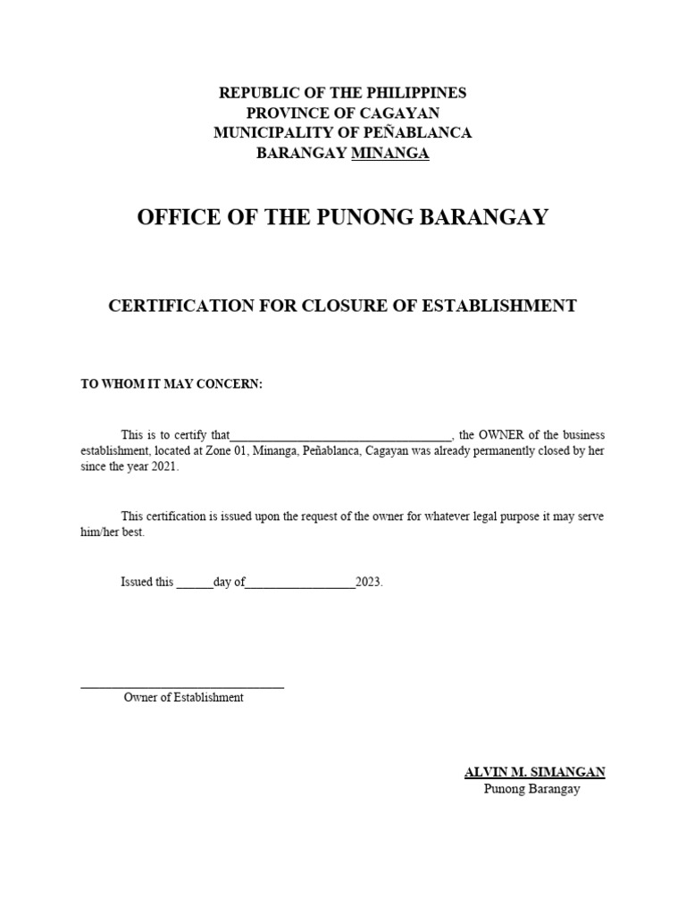 Certification of Business Closure | PDF | Business | Finance & Money ...