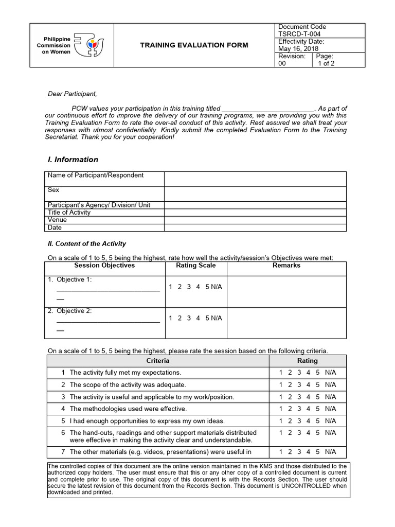 004 Training Evaluation Form | PDF | Computing | Human Communication