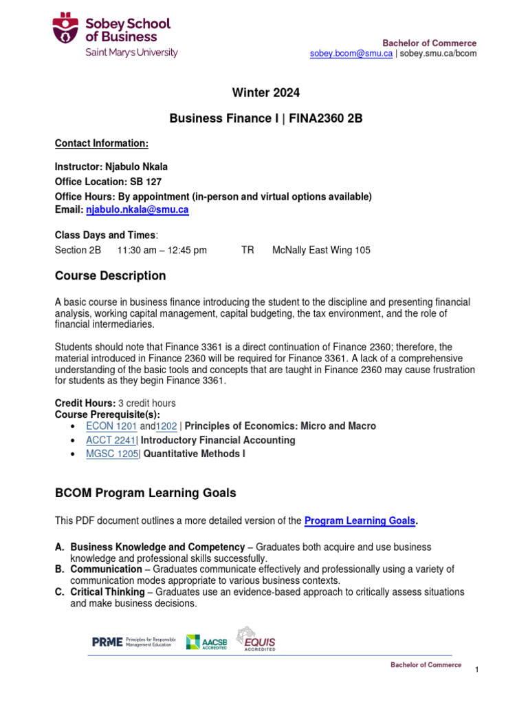 FINA2360.2B Outline Winter24 | PDF | Net Present Value | Present Value