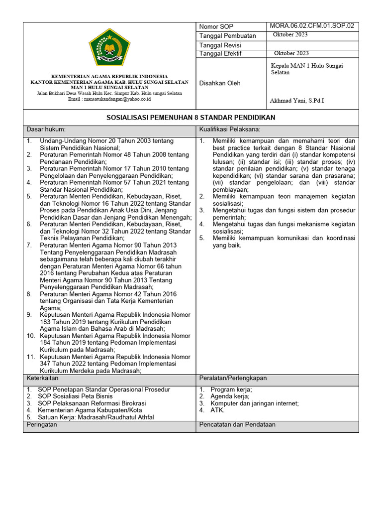 Sop Pemenuhan 8 Standar Pendidikan Man 1 | PDF