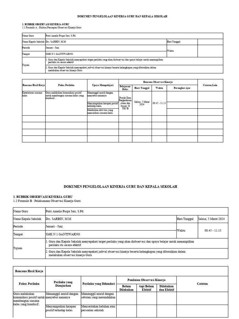 Form Supervisi - Putri Amelia, S.pd. | PDF