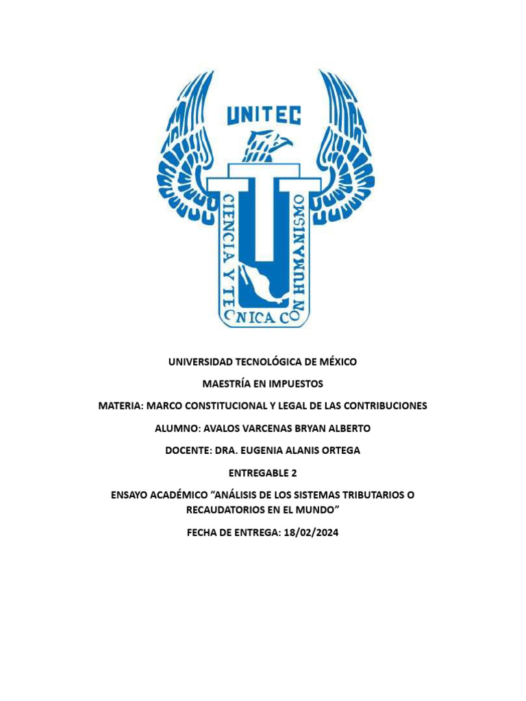 Entregable 2. Ensayo Académico Sistema Tributario USA. Bryan Avalos ...