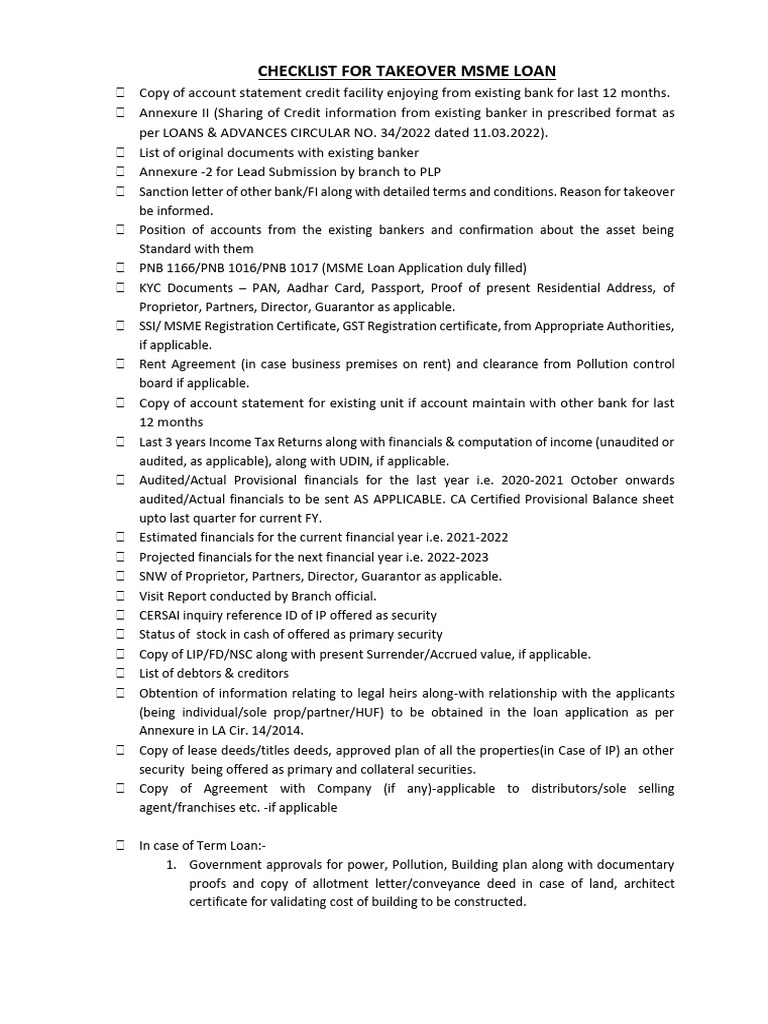 .Checklist For Msme Takeover Loan | PDF | Banks | Deed