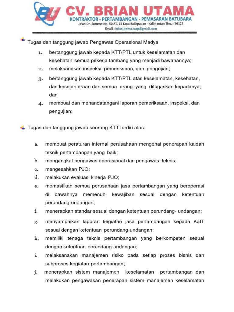 Tugas Pengawas dan KTT Pertambangan | PDF | Teknologi & Rekayasa