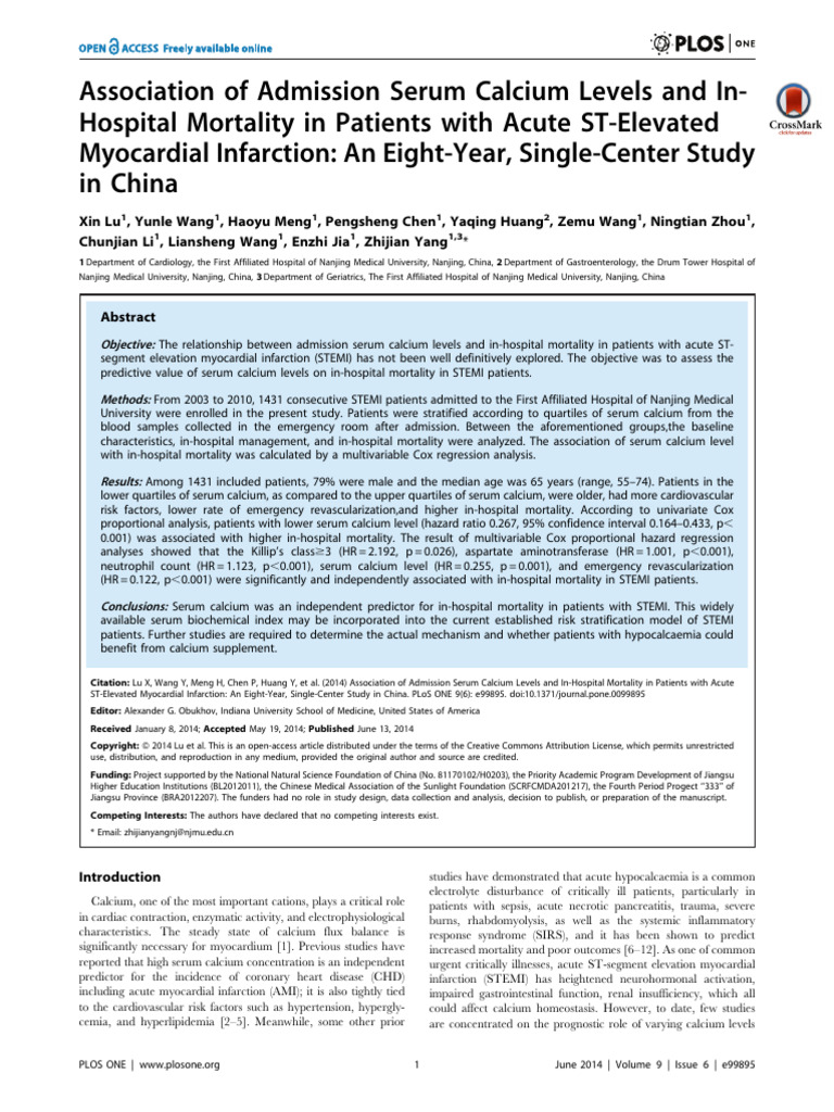 Association of Admission Serum Calcium Levels and in Hospital Mortality in Patients With Acute ...
