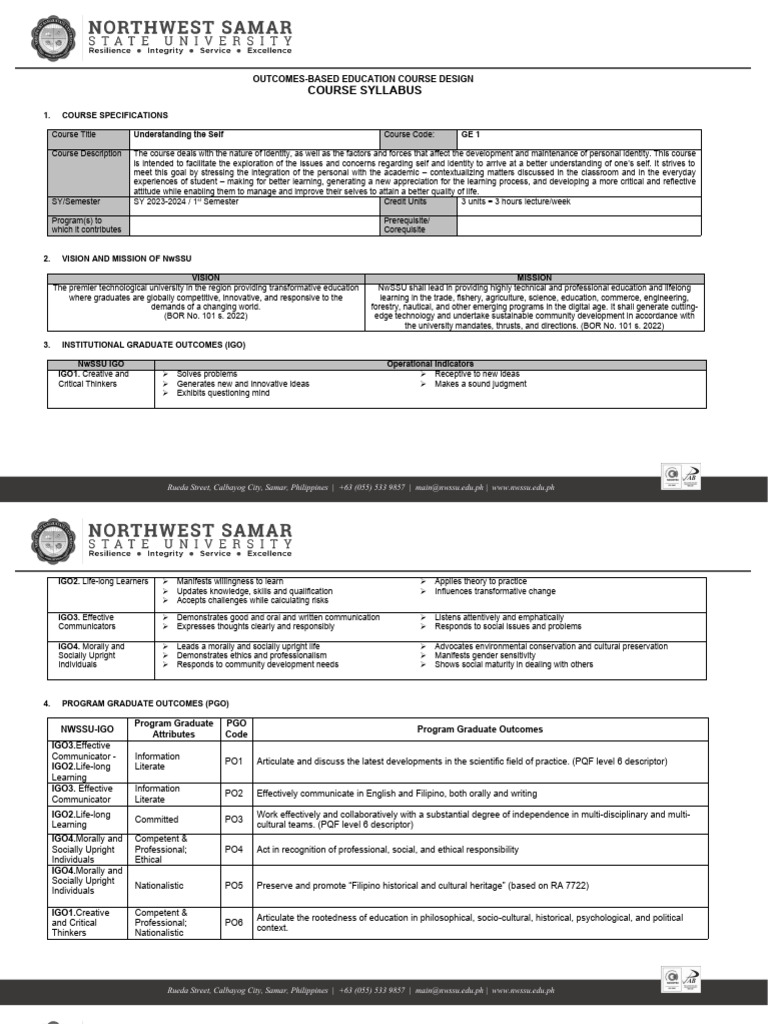 UNDERSTANDING THE SELF Syllabus | PDF | Self Concept | Learning