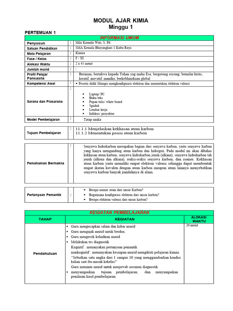 Modul Ajar Kimia - Modul Kimia (Hidrokarbon) - Fase F | PDF