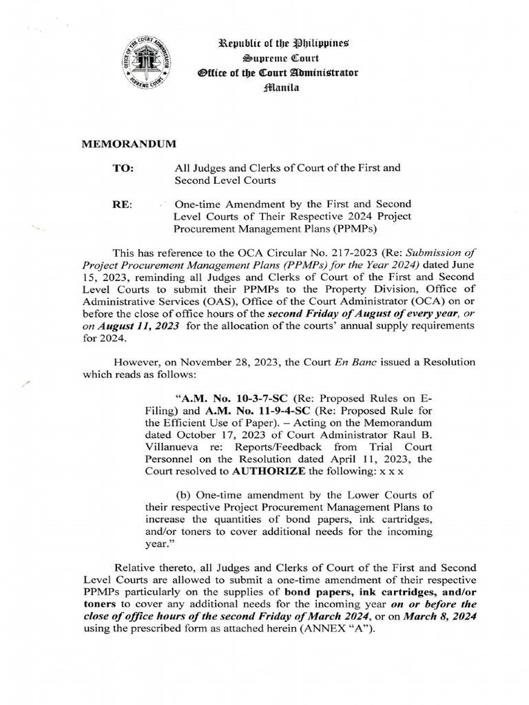 Memorandum Dated 01.19.24 Re One-Time Amendment by The 1st & 2nd Level ...