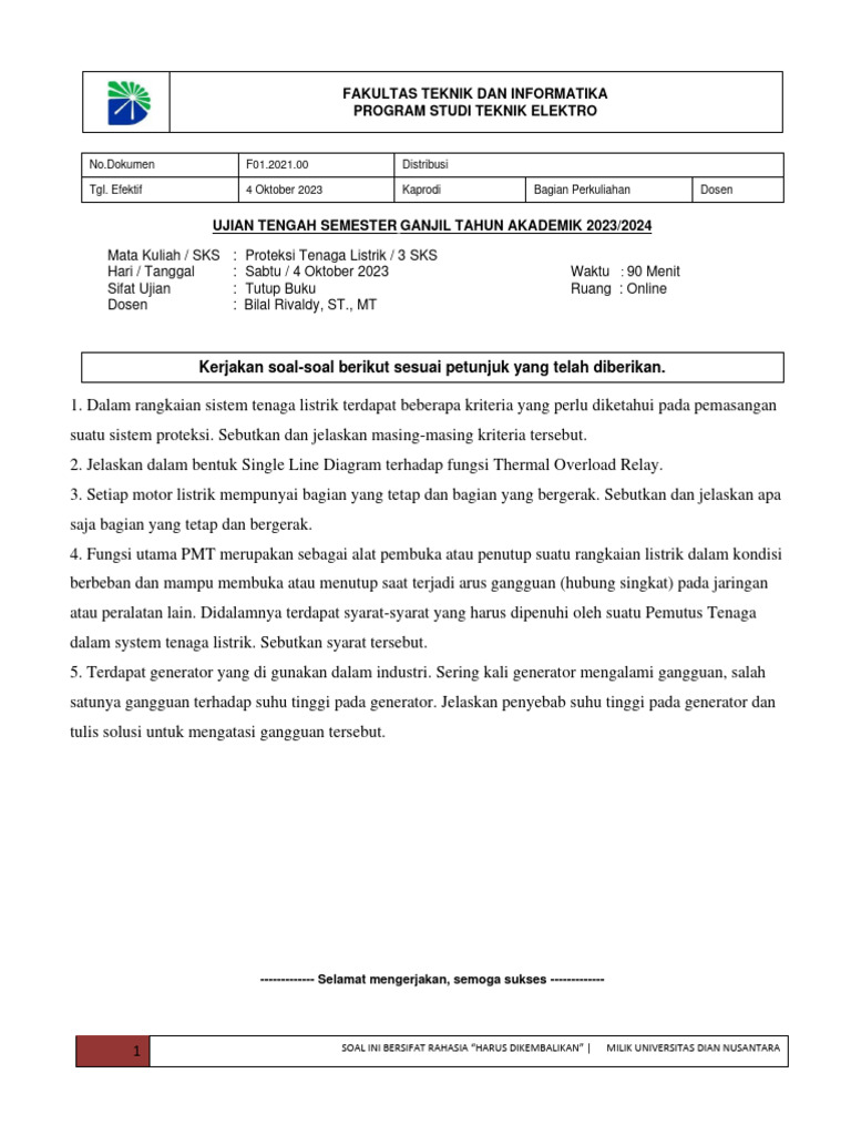 Soal UTS Proteksi Tenaga Listrik | PDF