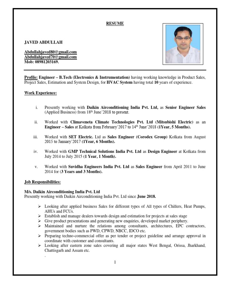 Resume - Javed Abdullah, Kolkata | PDF | Air Conditioning | Specification (Technical Standard)