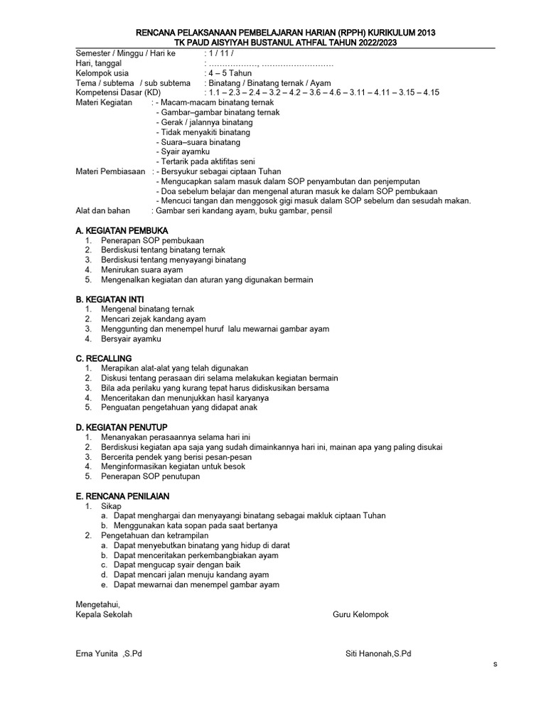 RPPH Tema Binatang Ternak PAUD | PDF | Pengembangan Diri | Kesehatan ...