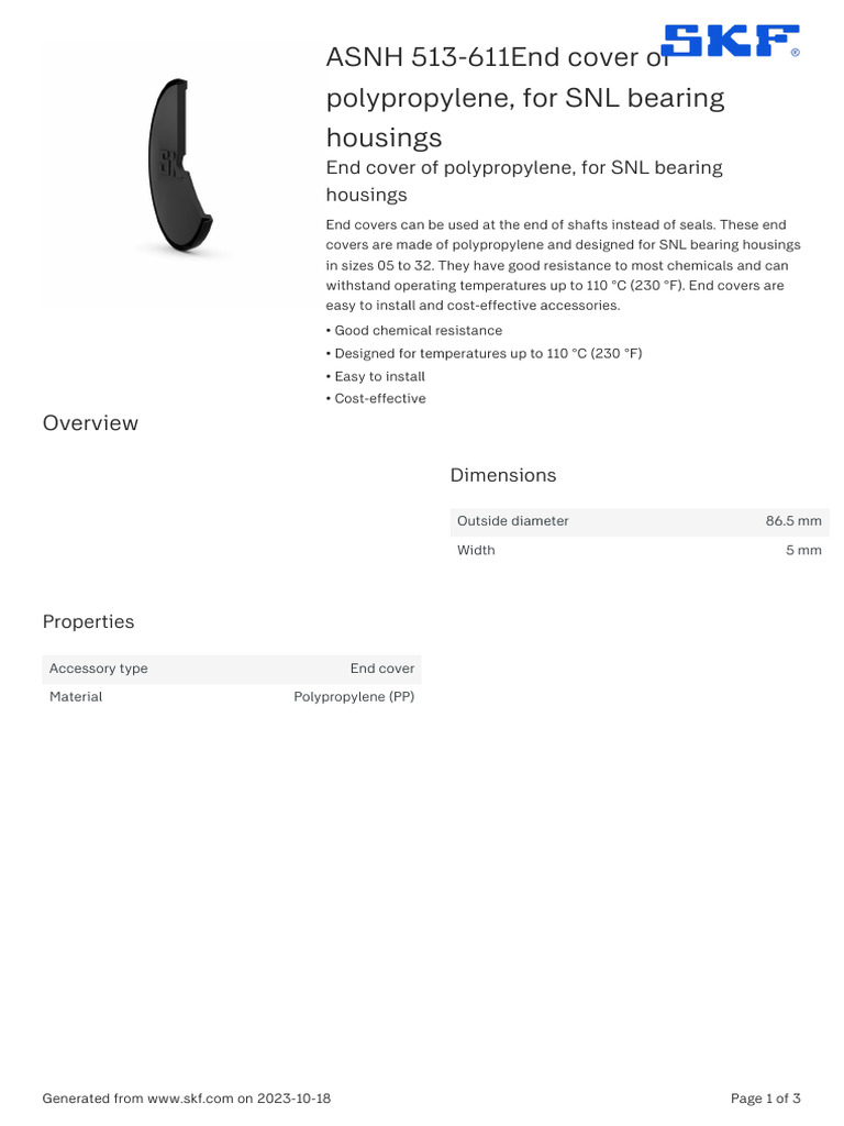 SKF ASNH 513-611end Cover of Polypropylene, For SNL Bearing Housings Specification | PDF ...