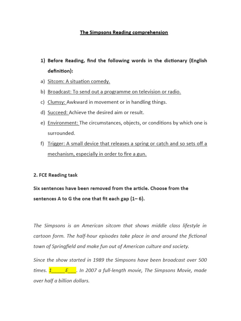 The Simpsons Reading Comprehension | Download Free PDF | The Simpsons | Bart Simpson