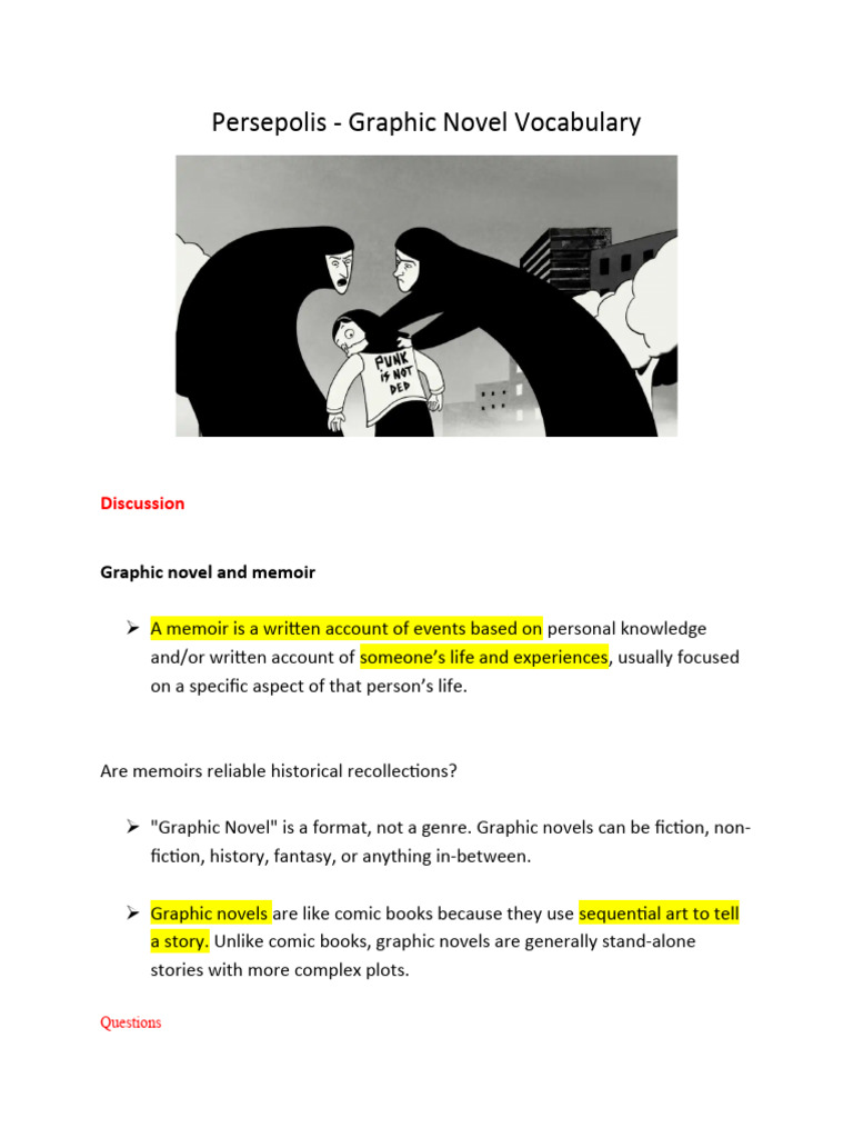 Graphic Novel Vocabulary (Persepolis) - Worksheet | PDF