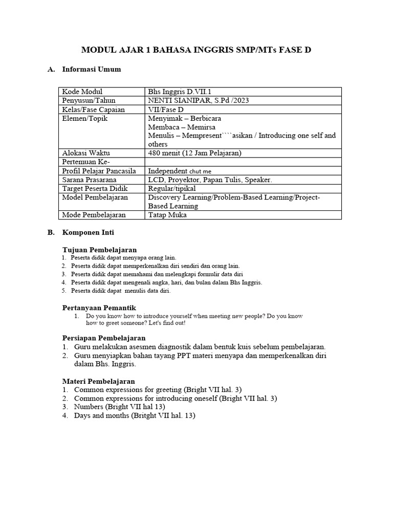 BAB 1 - MODUL AJAR BRIGHT SMP GRADE VII | PDF