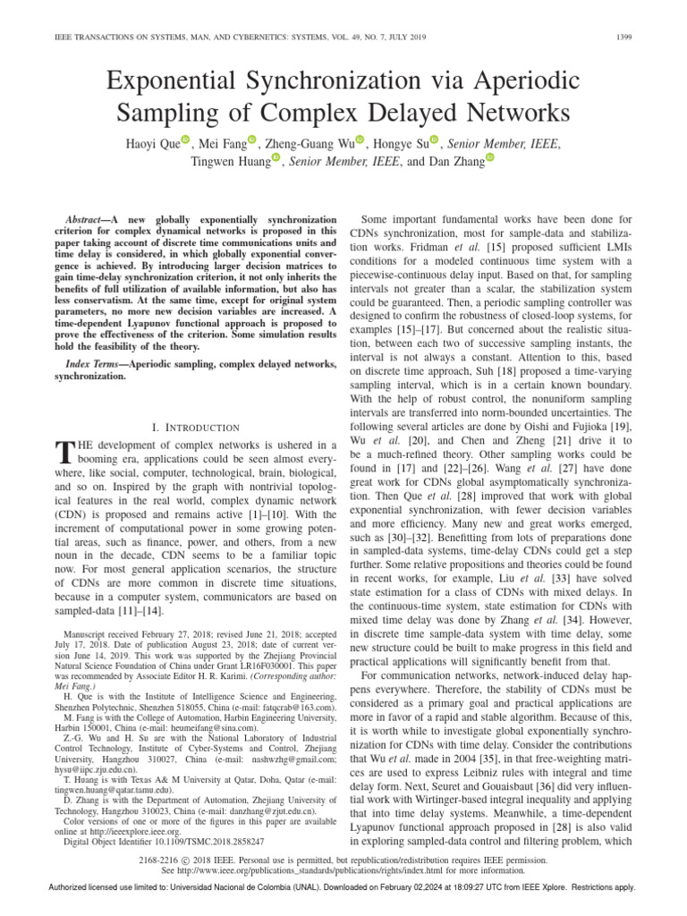 Exponential Synchronization Via Aperiodic Sampling of Complex Delayed Networks | PDF | Matrix ...