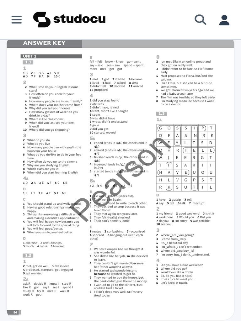 Speakout Pre Intermediate Workbook Answer Key - A 3 | PDF