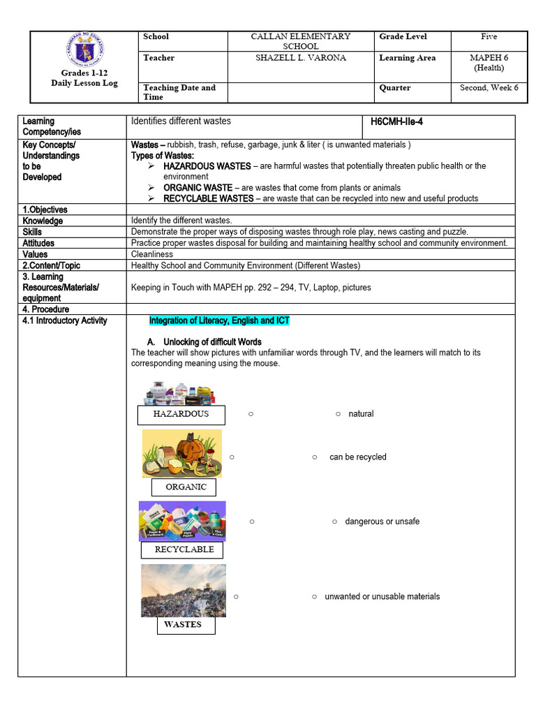 Lesson Plan in Health 6 Q2 Week 6 - 2022 | PDF | Waste | Recycling