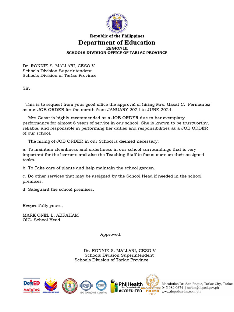 Job Order Hiring Request for Tarlac Schools | PDF