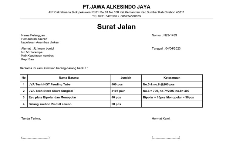 Contoh Surat Jalan Pengiriman Barang (1) - Plugin Ongkos Kirim | PDF