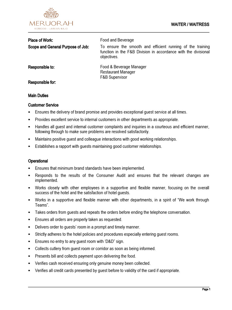 FB Waiter & Waitress | PDF | Waiting Staff | Foodservice