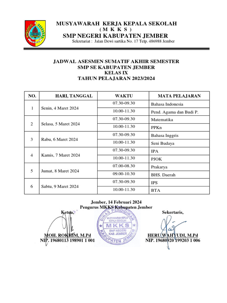 Jadwal Asesmen Sumatif Akhir Semester 2024 Kls IX | PDF