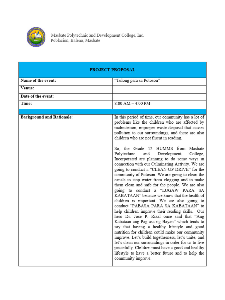 Project Proposal of Grade 12 Humss | PDF