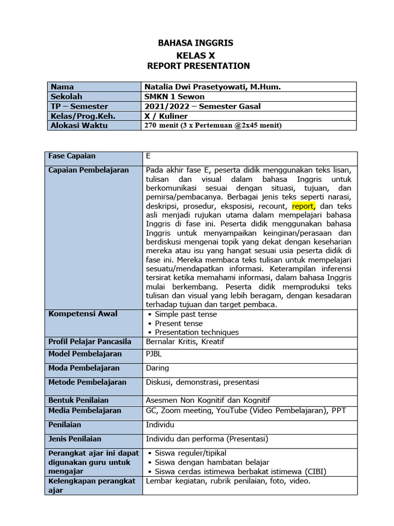Modul Ajar Report Presentation | PDF