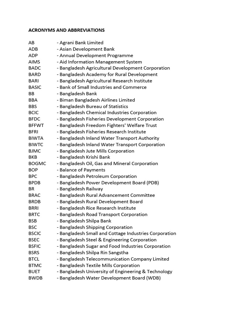 Acronyms and Abbreviations | PDF | Economies | Economic Development