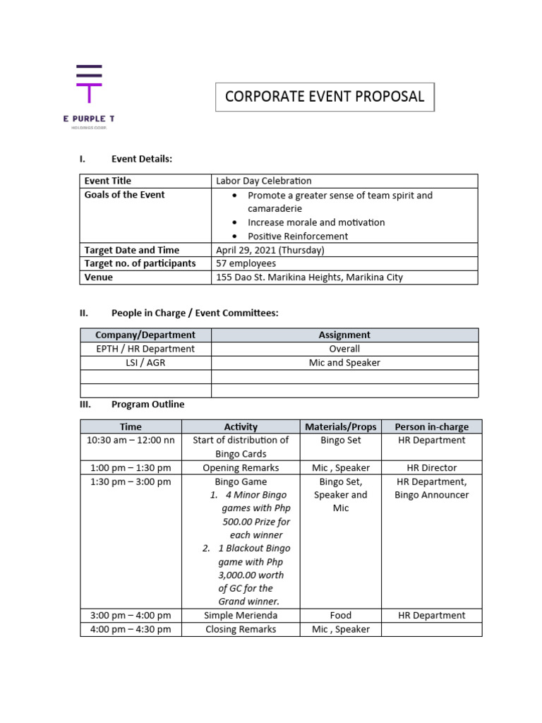 Labor Day Corporate Event Proposal Form | PDF