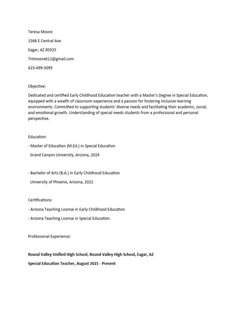 Teresa Moore Professional Resume | PDF | Special Education | Teachers