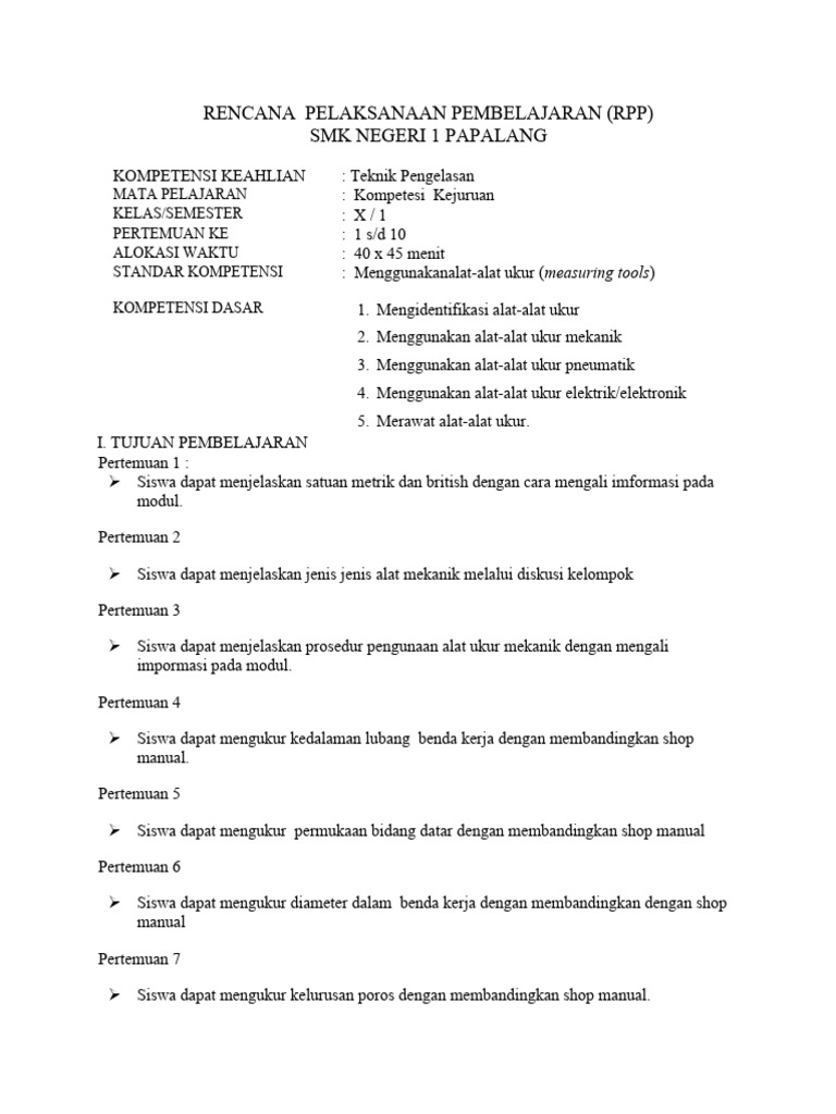 RPP Alat Ukur Dan Pengukuran SMTR GJL Kls X TKR THN 2012-2013 | PDF | Karier & Perkembangan