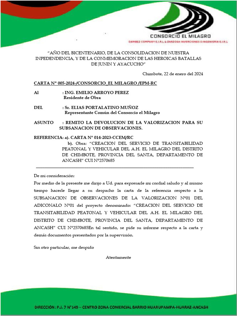 Carta N°005-2024 - Observaciones de La Valorizacion N°001 Del Adicional N°01 | PDF