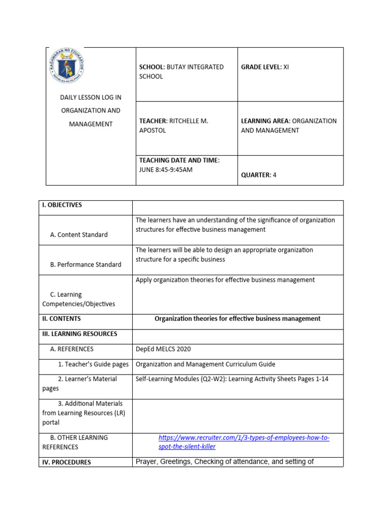 Daily Lesson Log: Org & Management | PDF | Learning | Teachers