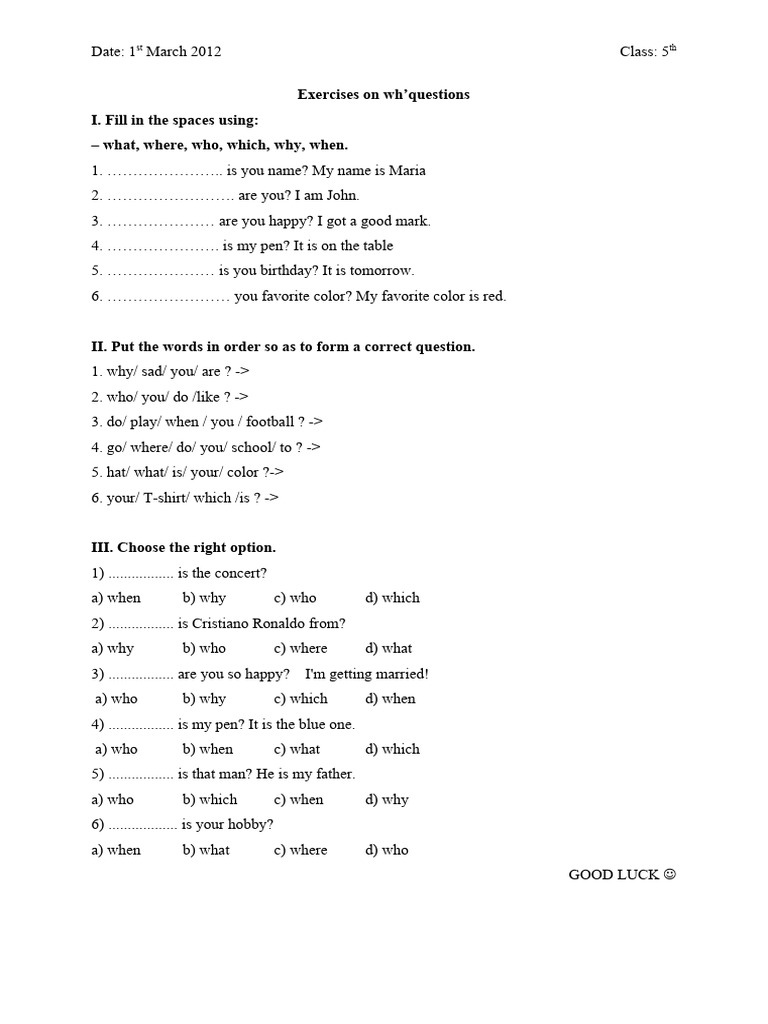 WH Questions Grammar Drills 36597 | PDF