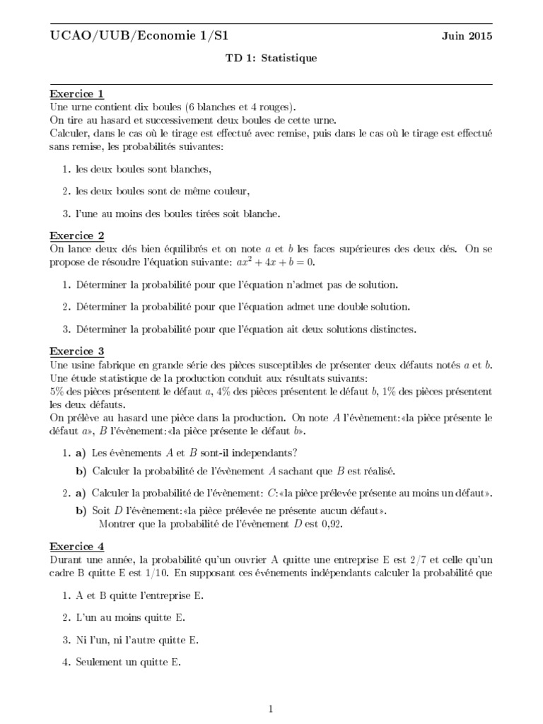 TD ECO Proba 14-15 | PDF | Probabilité | Hasard