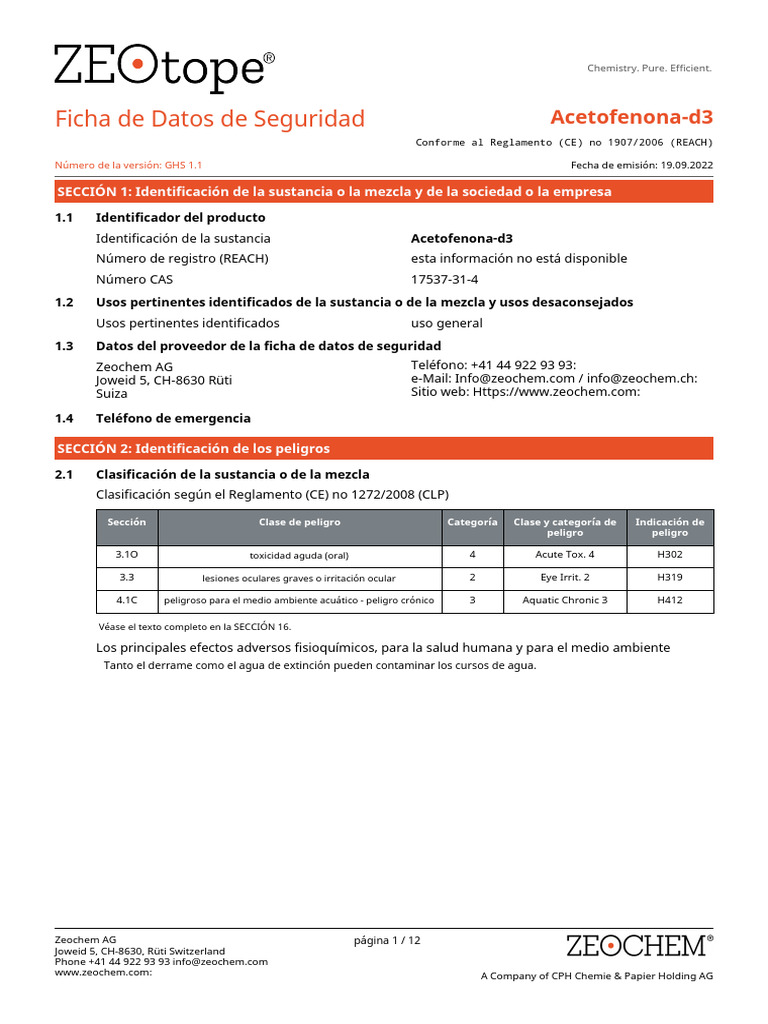 SDS Acetofenona d3 ES Es | PDF | Agua | Toxicidad